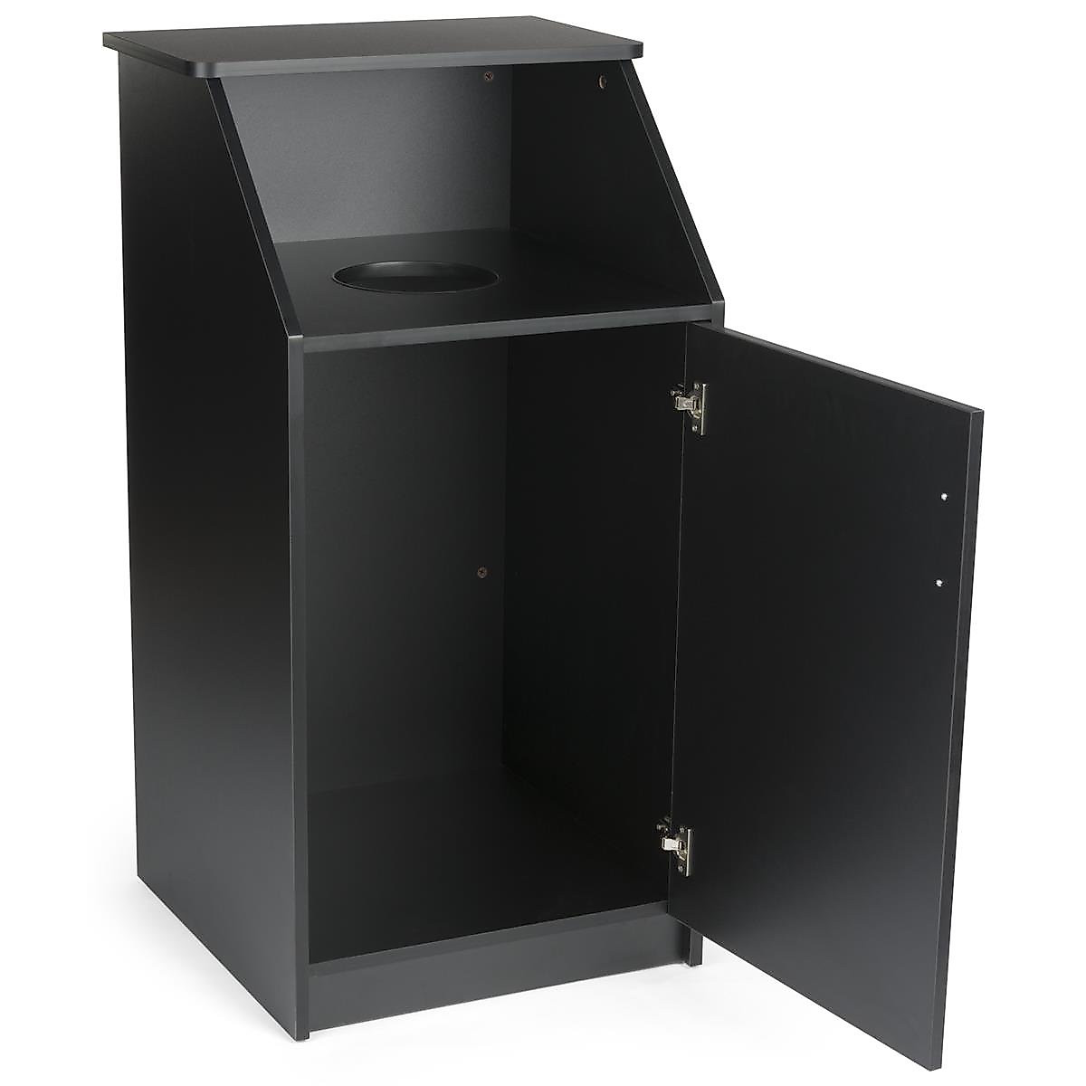 Displays2go Commercial Trash Bin with Black Finish, MDF Construction, Melamine Finish, Circular Cutout - Hinged Door (LCKDTLCSBK)