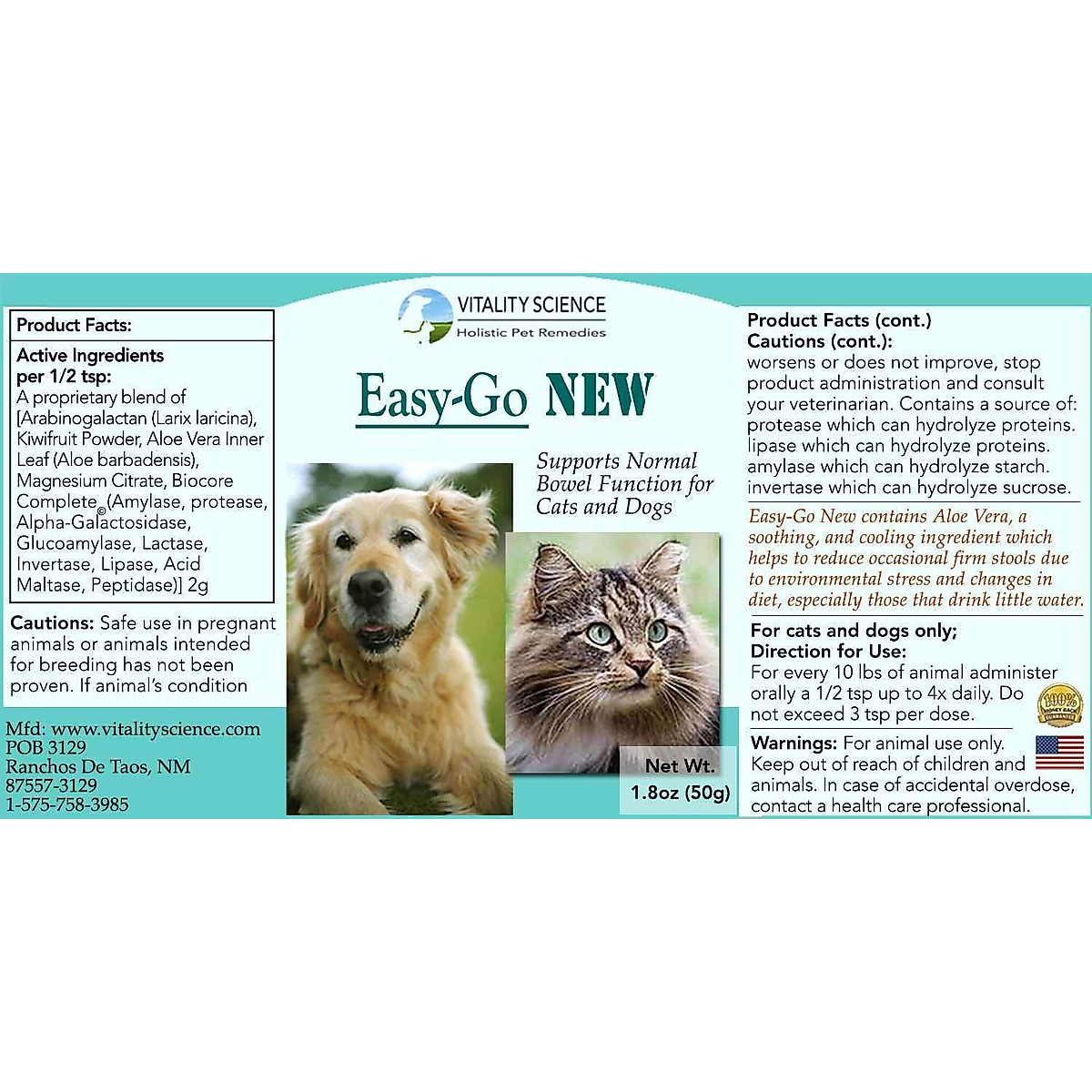 Vitality Science Easy-Go Supplement for Cats and Dogs | Supports Normal Bowel Function | Relieves Constipation | Promotes Healthy Digestive System | Easy to Digest | 100% Natural & Additive Free (50g)