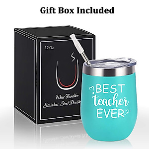 Qtencas Teacher Appreciation Gifts, Best Teacher Ever Wine Tumbler with Lid, Thank You Gifts for Teacher Women on Birthday Christmas, 12 Oz Stainless Steel Wine Tumbler, Mint