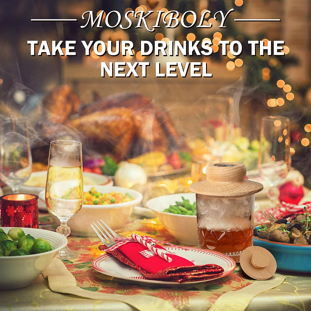 Moskiboly Cocktail Smoker Kit Old Fashioned, Whiskey Smoker Kit with Torch, Bourbon Smoker Infuser Kit with 6 Flavors of Wood Chips, Christmas Birthday for Men, Father(with lid)