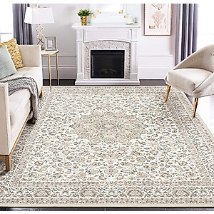 Area Rug Living Room Rugs: 8x10 Large Machine Washable Non Slip Thin Carpet Soft Indoor Luxury Floral Stain Resistant Carpets for Under Dining Table Farmhouse Bedroom Nursery Home Office Beige