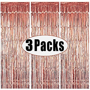 3 Packs 3.2ft x 6.6ft Rose Gold Metallic Tinsel Foil Fringe Curtains Photo Booth Props for Birthday Wedding Engagement Bridal Shower Baby Shower Bachelorette Holiday Celebration Party Decorations