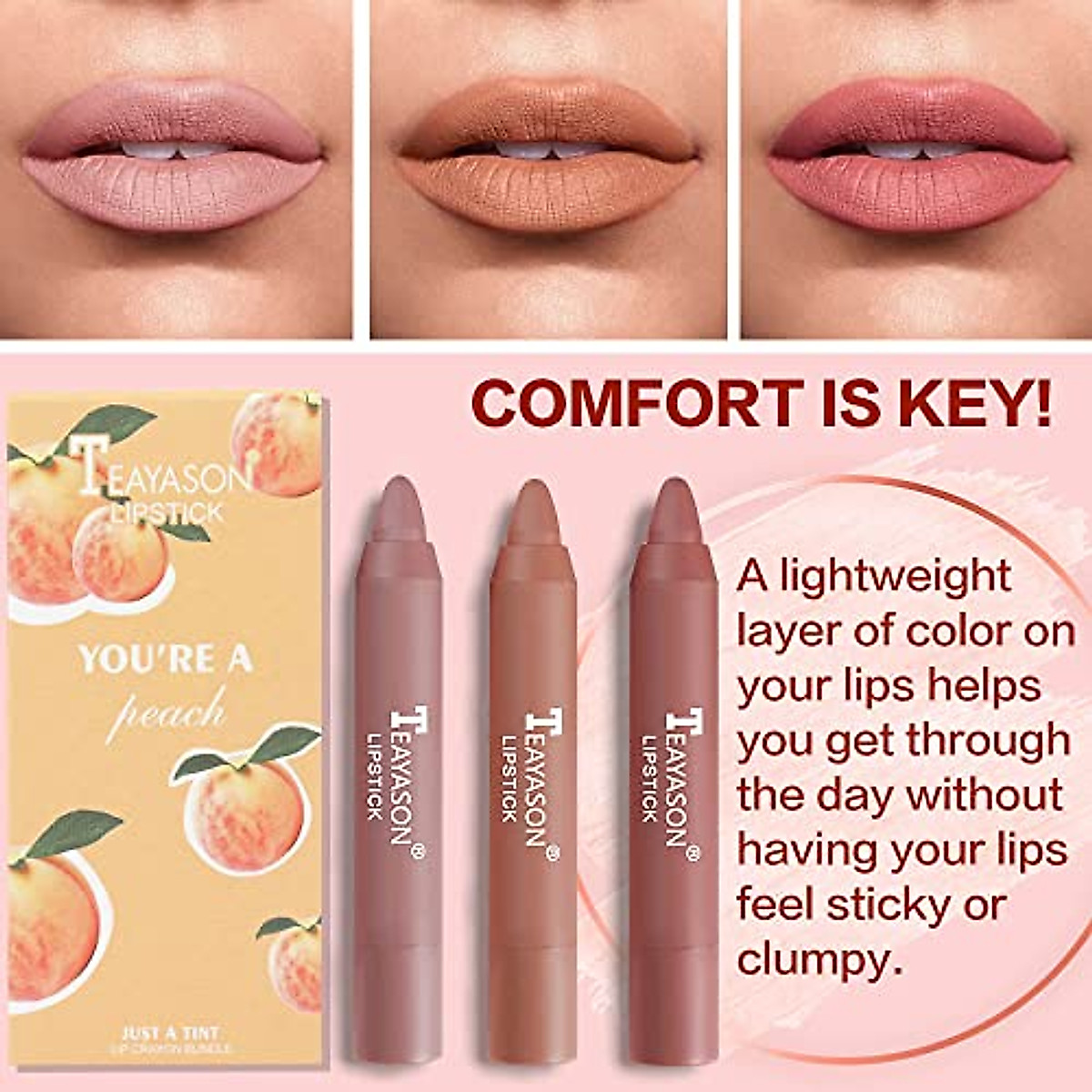 3 Colors Smooth Matte Lipstick Pack Set, Moisture Longwear Color Stick Ultimate Lip Crayon for Makeup Collection - Nourishing Lipstick with a Matte Finish Waterproof Velvet Lipgloss Lip Stain