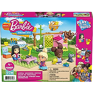 Mega Barbie Animal Grooming Station Building Set with, 97 Bricks and Pieces, Accessories and 3 Micro-Dolls, Toy Gift Set for Ages 5 and Up