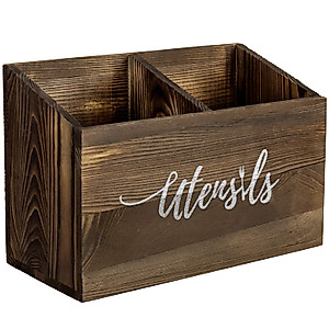 MyGift 2-Slot Solid Burnt Wood Kitchen Utensil Holder for Countertop, Cooking Tools Organizer Caddy with Cursive Utensils Word Design