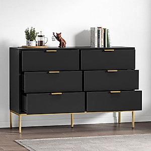 Anmytek Modern 6 Drawer Dresser, Black Dressers for Bedroom, Chest of Drawers Closet Organizers and Wood Storage Clothes, Black Dresser with Golden Handles for Living Room, Hallway