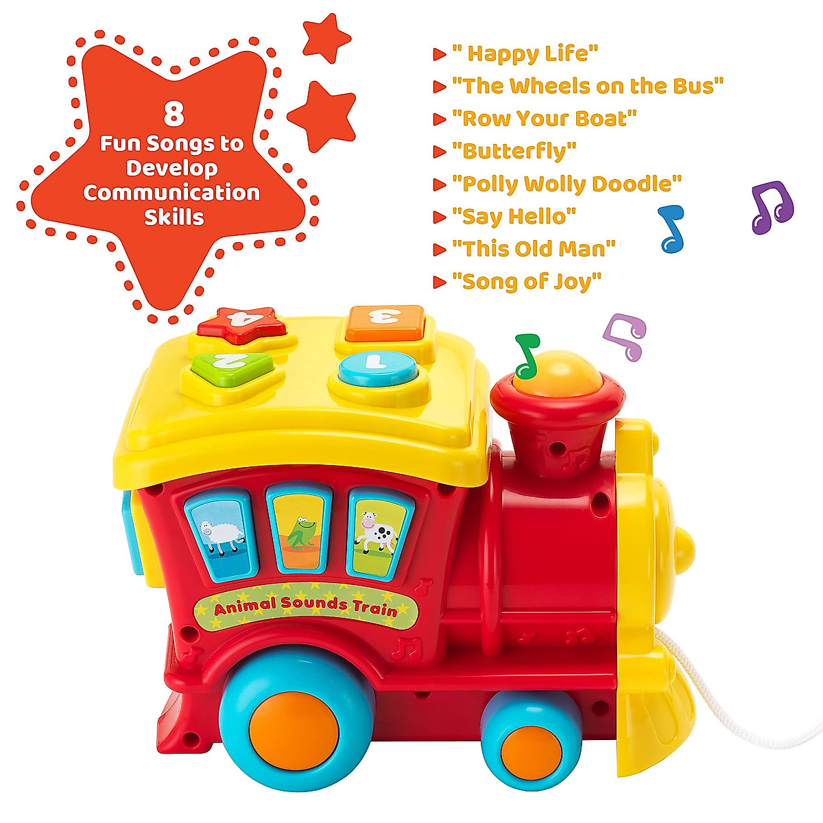 KiddoLab Toy Train - Interactive & Educational Pull Toy for Babies, Toddlers, Children - Numbers & Animal Sound Buttons, 8 Songs, Volume Control, Flashing Light - for Kids Ages 6 Months & Up