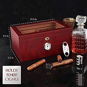 Mantello Humidor 100 Cigar Capacity, Glass-top 100 Cigar Humidor, Cigar Humidor 100 with Hygrometer and Removable Cedar Tray
