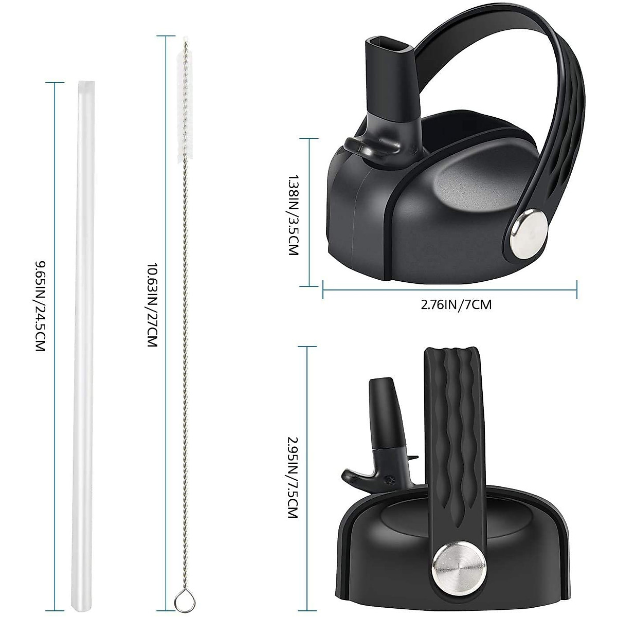 Straw Lids for HydroFlask Wide Mouth(2.28 in) 12 16 18 20 32 40 Ounce, Flex Straw Lid for Hydro Flask, Wide Mouth Water Bottle Accessories with Straw and Brush (Black+Black)