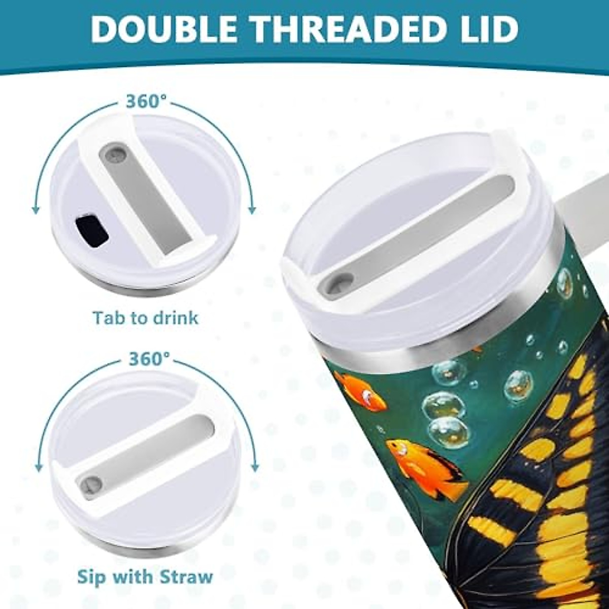 Slewiaeky Tumbler with Handle 40 oz Insect Butterfly Retro Travel Mug with Lid and Straw Ocean Stainless Steel Vacuum Insulated Water Bottle Cup for Iced Tea Coffee Cold Beverages Cup Holder Friendly
