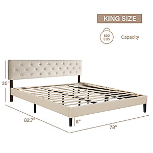 Catrimown King Size Upholstered Bed Frame with Button-Tufted Headboard, Linen Platform Bed with Wooden Slat Support, Mattress Foundation, Noise-Free Design, Easy Assembly - Beige