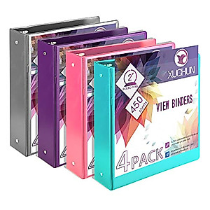 4Pack 2 Inch Round 3 Ring Binder View Binders with 2 Pockets,Holds 450 Sheets Assorted Colors for Office,Home,School