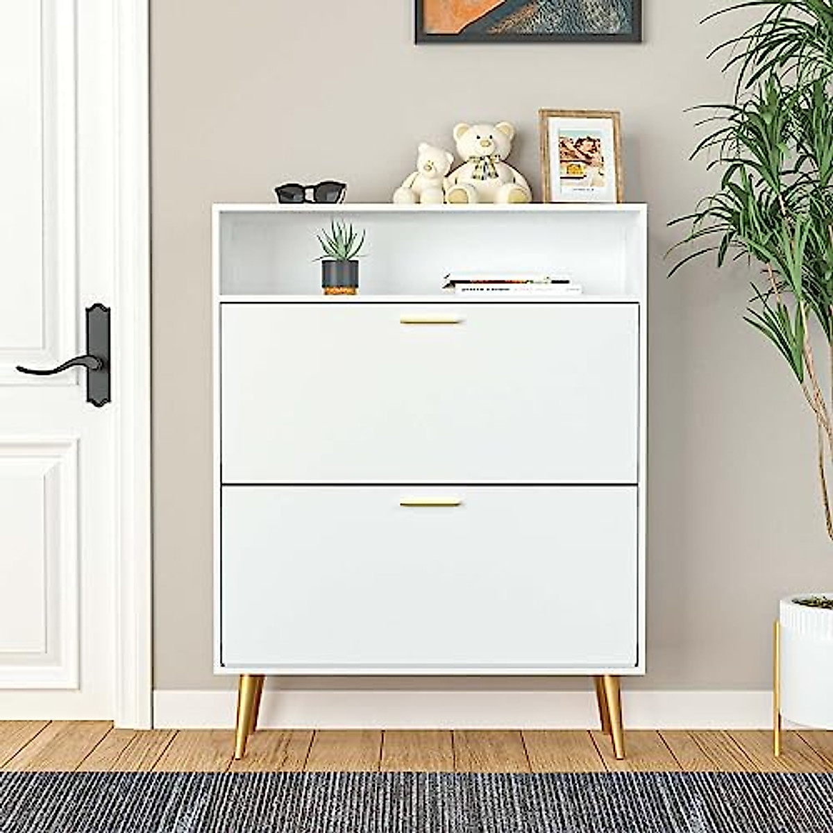 NOVAMAISON Shoe Cabinet for Entryway, Narrow Shoe Storage Cabinet with 2 Flip Doors and Shelf, Freestanding Shoe Organizer for Hallway, Bedroom, Apartment, White