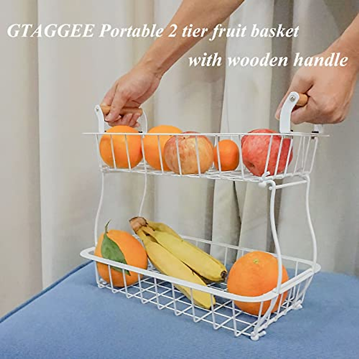 2 Tier Fruit Storage Basket for Kitchen Countertop,GTAGGEE Bread Baskets Fruit Bowl Holder Vegetable Stand Detachable Metal Rectangular Wire Basket, White