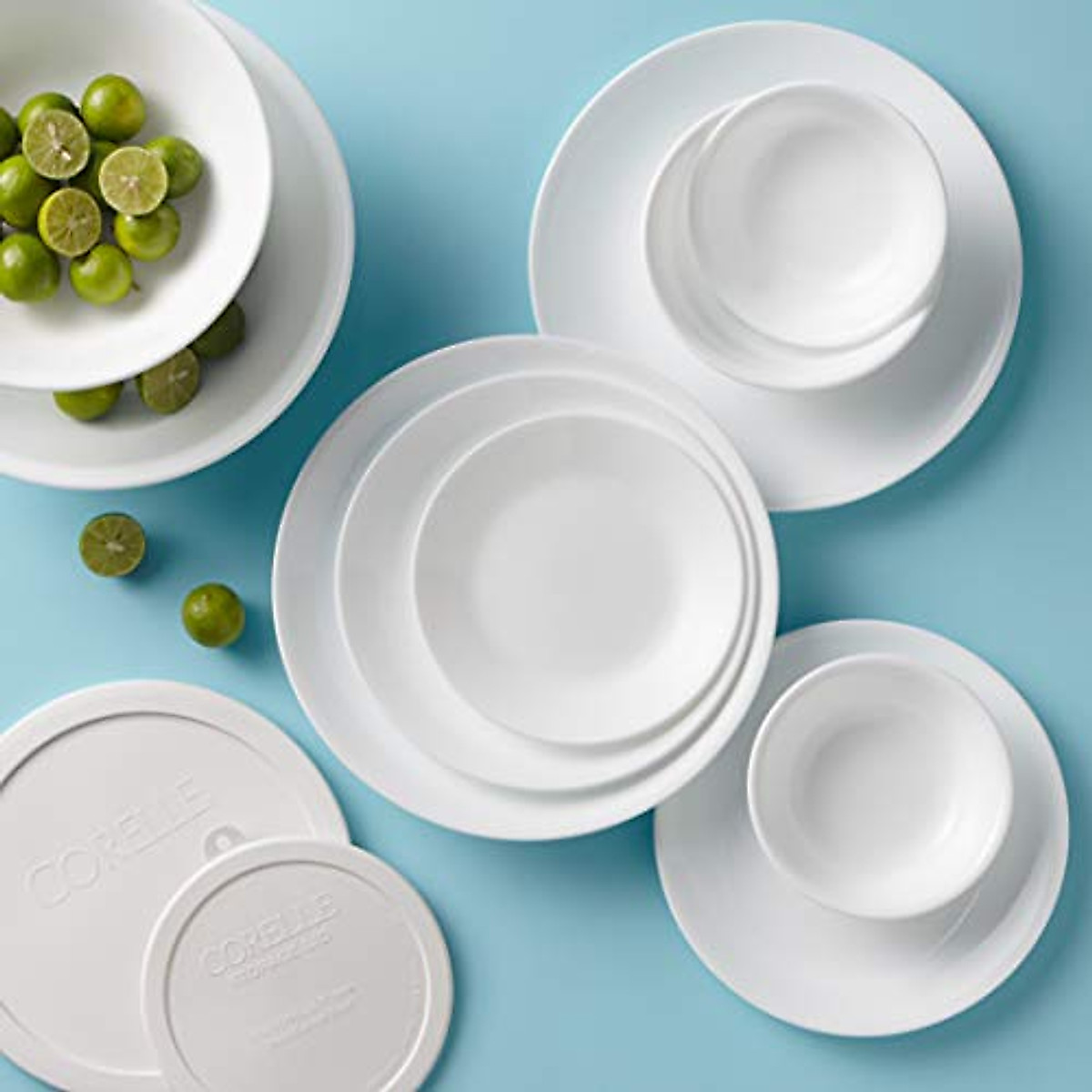 Corelle Vitrelle 78-Piece Service for 12 Dinnerware Set, Triple Layer Glass and Chip Resistant, Lightweight Round Plates and Bowls Set, Winter Frost White