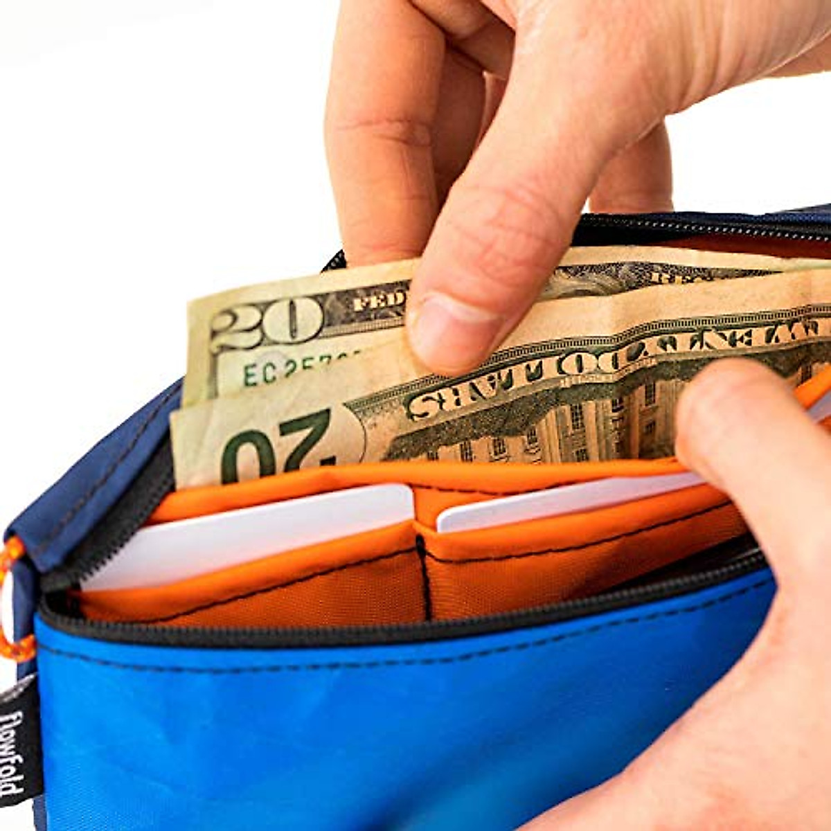 Flowfold Creator 100% Recycled Material Zipper Wallets for Women - Wallet with Phone Pouch & Wristlet Pouch Wallets Made in USA (Navy/Bahama/Orange, Recycled Material)