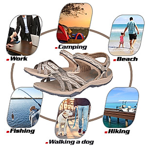 GRITION Women Hiking Sandals Girls Outdoor Sport Water Shoes Summer Flat Cross-Tied Sandals Open Toe Adjustable Walking Shoes Black Pink Gray Sand (9 US/39 EU, Coffee/Sand)