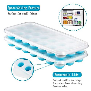 Ice Cube Trays Easy Release-Odor free,Spill Resistant Lid Included,2 Pack, Small Size, Stackable 42 Cubes,Silicone(Blue)