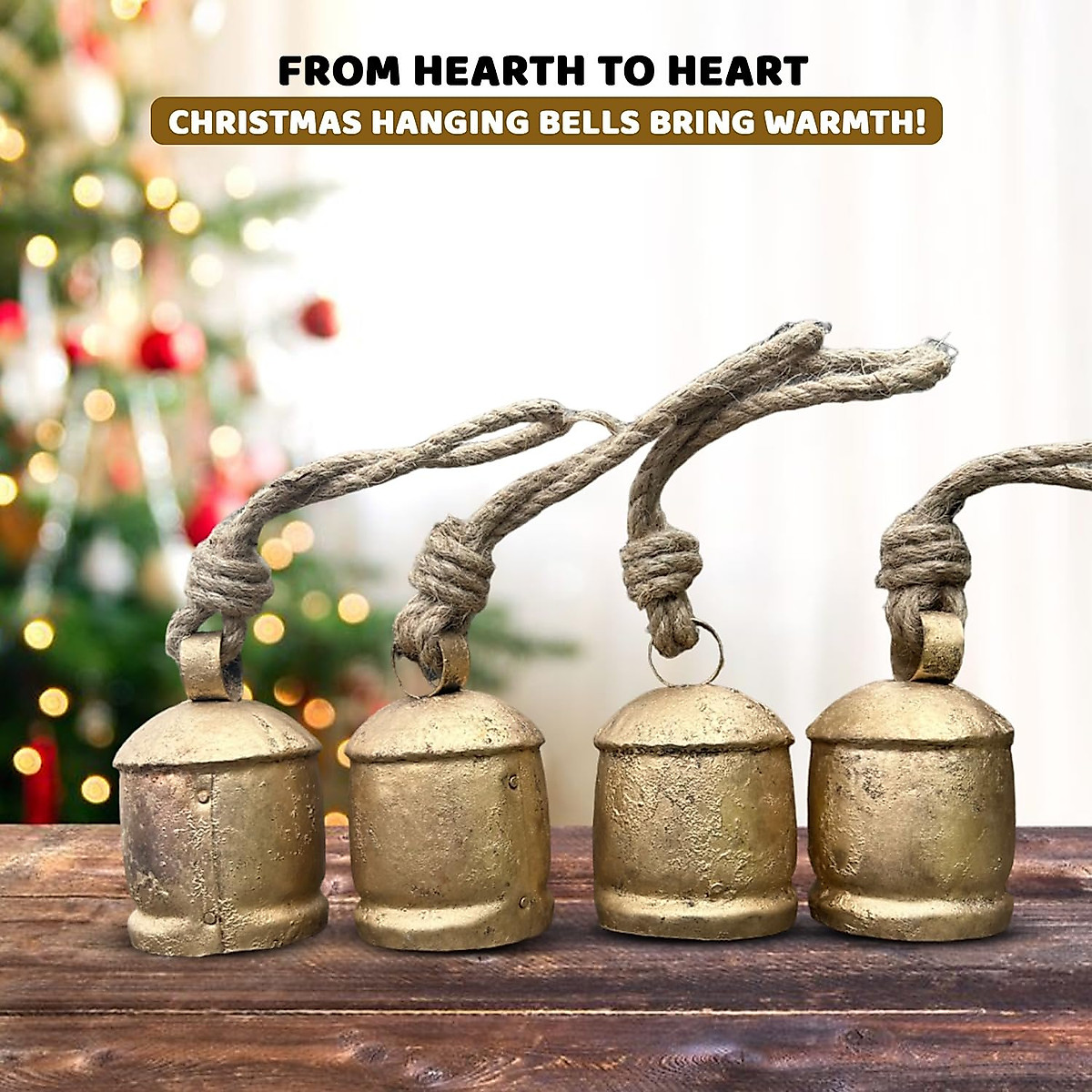 4 inch Giant Harmony Cow Bells Huge Vintage Handmade Rustic Lucky Christmas Hanging jingle bells (Country Rustic, Large) Set of 4 Handmade Bells with Jute Rope