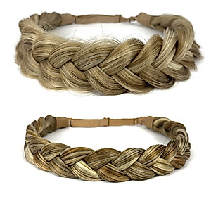 STHEJFB Braid Headband 2 3 Strands combinations Messy Wide Chunky Fluffy Elastic Stretch Hairpiece Braided Headband Women Girl Beauty accessory (Light golden grey)