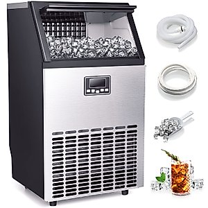 ZAFRO Commercial Ice Maker, 100lbs/24H Ice Machine with 33lbs Ice Bin, Self-Cleaning Under Counter Stainless Steel Freestanding Ice Maker for Restaurant/Bar/Cafe/Office Silver, Includes Scoop
