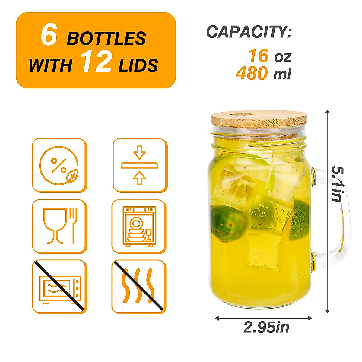 Moretoes 16oz Mason Jar Cups, Glass Cups with Lids and Straws, Iced Coffee Cups with Handle, Drinking Glass for Smoothie, Milk, Juice Set of 6