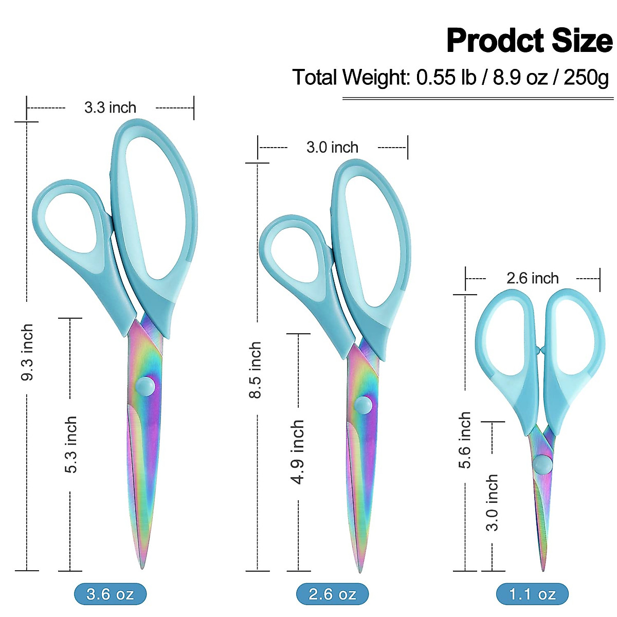 Craft Scissors, All Purpose Sharp Titanium Blades Shears, Rubber Soft Grip Handle, Multipurpose Fabric Scissors Tool Set Great for Office, Sewing, Arts, School and Home Supplies, 1 Set of 3 Pack, Blue