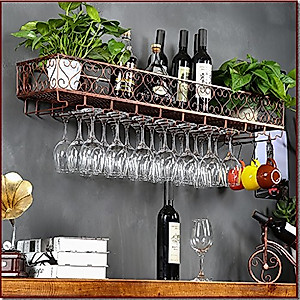 Stylish Simplicity European Hanging Wine Rack Goblet Rack Creative Upside Down Wine Glass Rack Restaurant Bar Wrought Iron Rack Wall Hanging Wine Racks, PIBM, Bronze, 60 * 25cm