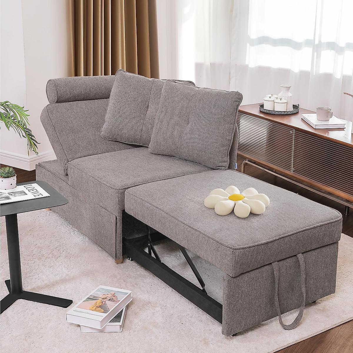 OHOHOLIVE Sleeper Sofa Bed 4-in-1 Convertible Couch, Linen Fabric Love seat Couch with 2 Throw Pillow, Single Recliner for Small Space with 5 Adjustable Angles Backrest