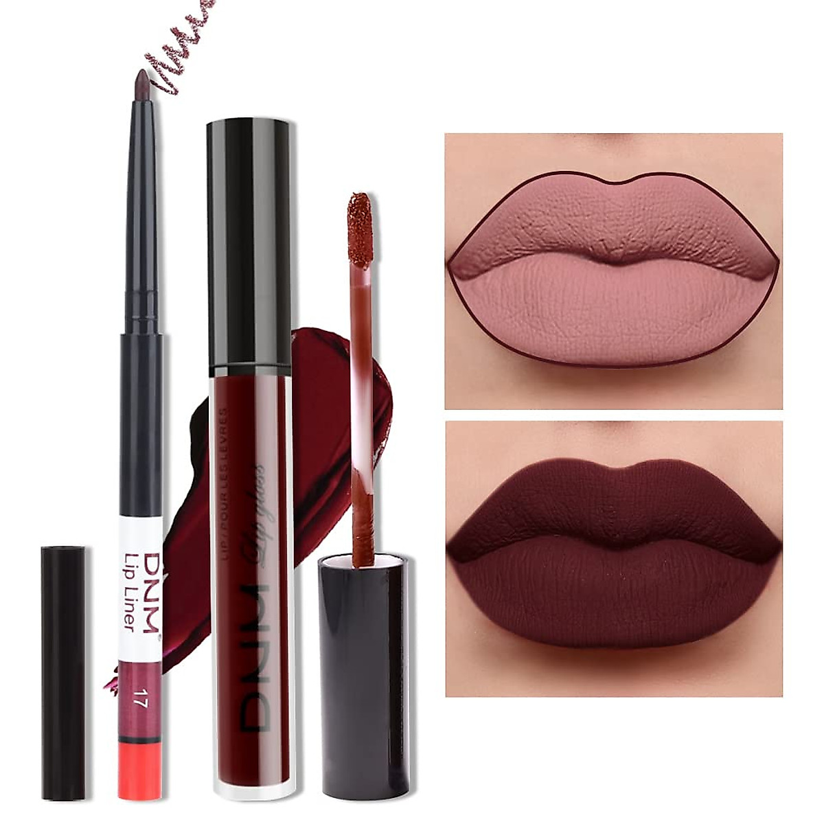 AMY'S DIARY 2pcs Matte Dark Red Lip Liner and Lipstick Makeup Set, Liquid Lipstick 24H and Lip Liner Set Matt Liquid Lips Make Up Waterproof Long Lasting Lipstick Matte Kit (#17)