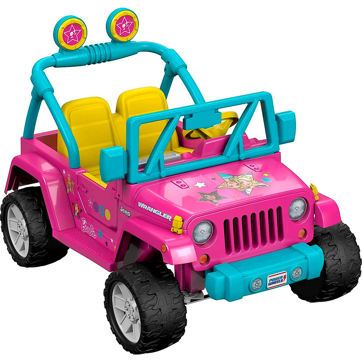 Fisher-Price Power Wheels Battery Powered Barbie Jeep Wrangler Car with Steering Wheel, Music Playing Radio, Roll Bar, and Power Lock Brakes