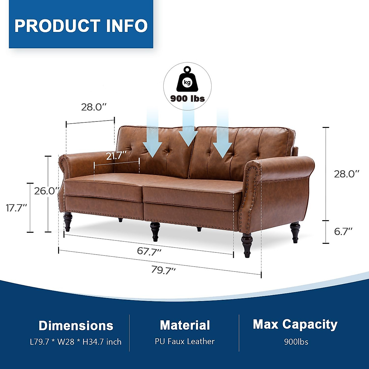 DIFY 80” Leather Faux Loveseat Sofa, Mid-Century Modern Couch with Soft Cushion and Firm Structure, Perfect Furniture for Living Room, Bedroom, Small Space.(Brown)