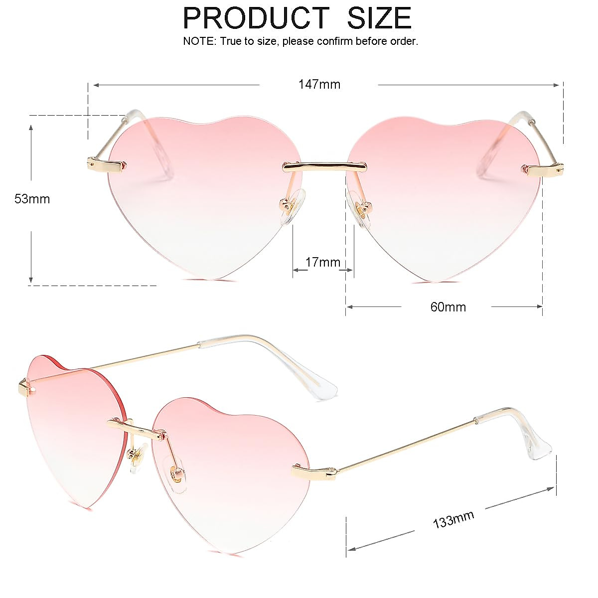 JOVAKIT Heart Shaped Sunglasses for Women Trendy Fashion Metal Rimless Frame Sun Glasses UV400 Protection (Gold/Gradient Pink)
