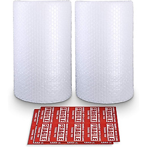 2-Pack Bubble Cushioning Wrap Rolls, 3/16" x 12" x 72' ft Total, Perforated Every 12", 20 Fragile Stickers for Packaging, Shipping, Mailing