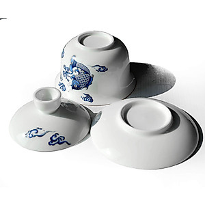 vv8oo Porcelain Gaiwan 7oz Teaup Jumping Fish White Glazed Tureen Chinese Sancai Cover Bowl Lip Cup Saucer Set