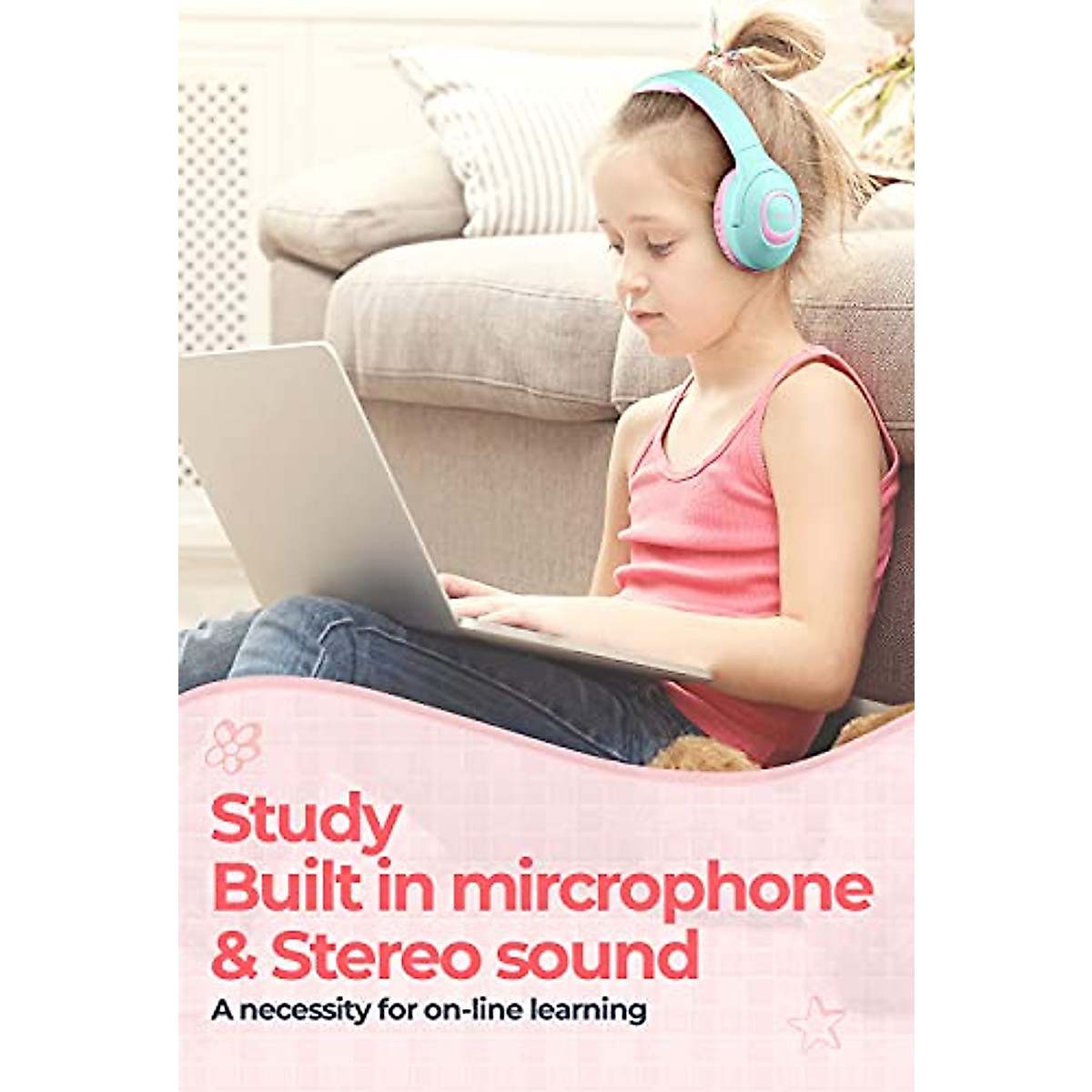 Picun E5 Kids Wireless Headphones with Microphone, Bluetooth 5.0 Over Ear Wireless Kids Headphones with Volume Control 85dB/93dB, 40H Playtime, Sharing Function, for School/iPad/Tablet/Boys/Girls