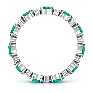 Rosec Jewels Natural Emerald Wedding Band for Women, AAA Quality, Certified Emerald Diamond Full Eternity Ring - Ready To Gift, 14K White Gold, Size:US 6.50
