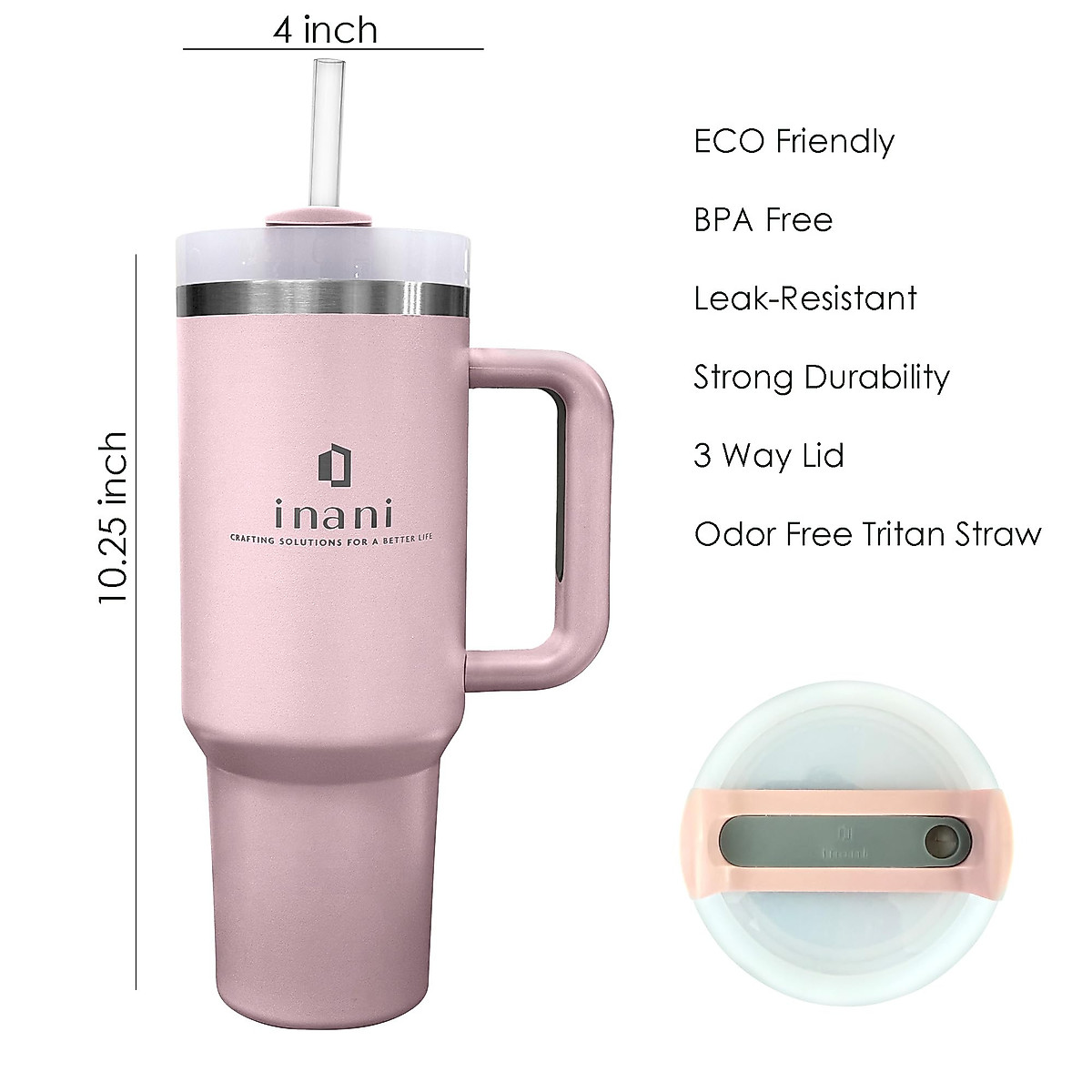 inani 40oz Tumbler With Handle And Straw, Insulated Travel Cup, Leak-Resistant, Spill-Proof Lid, Dishwasher Safe, BPA-Free, Double-Wall Insulated Premium Mug For Hot Or Iced Beverage, Rose Pink