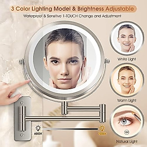 Rechargeable Wall Mounted Lighted Makeup Mirror, 8" Large 1X/10X Magnifying Vanity Mirror with 3 Color Lights, 17 Inch Extendable Bathroom Mirror Nickel, Dimmable 360° Swivel Shaving Light up Mirror