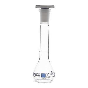 EISCO Volumetric Flask, 10ml - Class A - 10/19 Polyethylene Stopper, Borosilicate Glass - Blue Graduation, Tolerance ±0.025