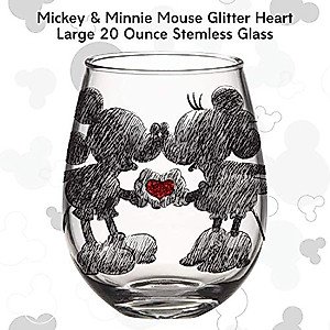 Silver Buffalo Disney Mickey and Minnie Classic Heart Glitter Stemless Wine Glass, 20 Ounces