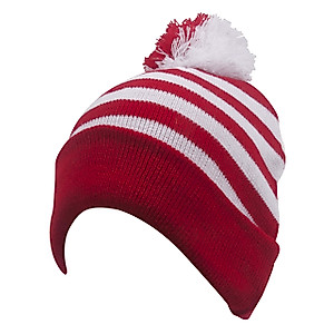 TOP HEADWEAR Striped Long Beanie w/Pom Red White Hat