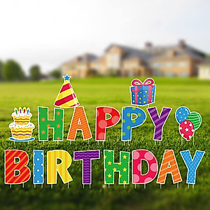 17 Pieces Happy Birthday Yard Sign 16 Inch Birthday Letters Lawn Sign Colorful Birthday Yard Decoration with Stakes Cake Balloon Waterproof Garden Lawn Decor for Outdoor Birthday Party Supplies