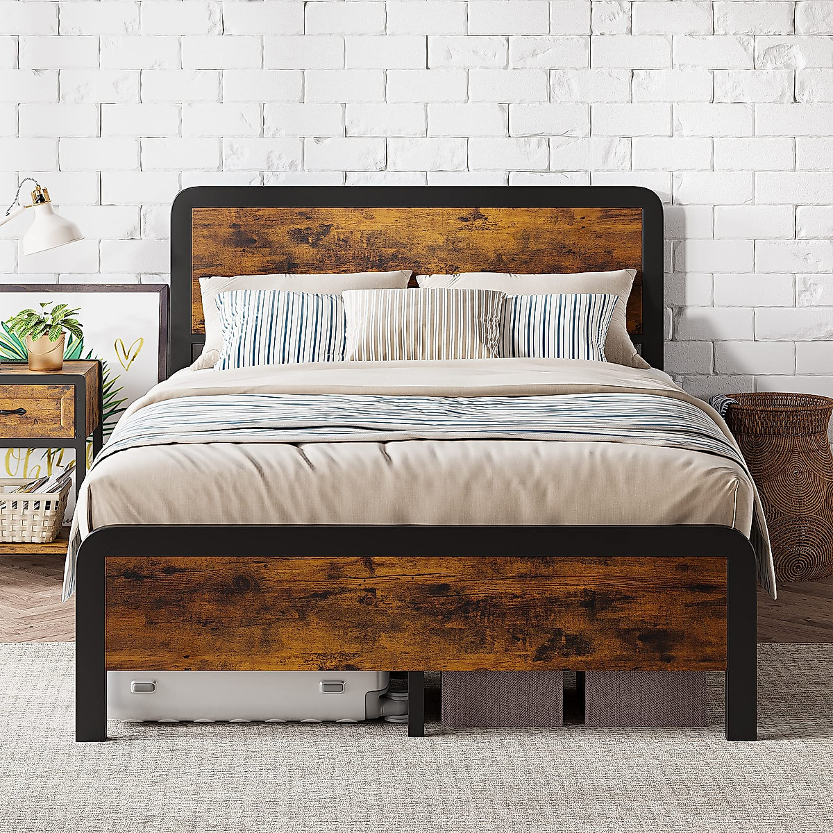 IDEALHOUSE Queen Bed Frame with Headboard, Platform Bed Frame with Safe Rounded Corners & Strong Metal Slats Support, Mattress Foundation/Noise-Free/No Box Spring Needed