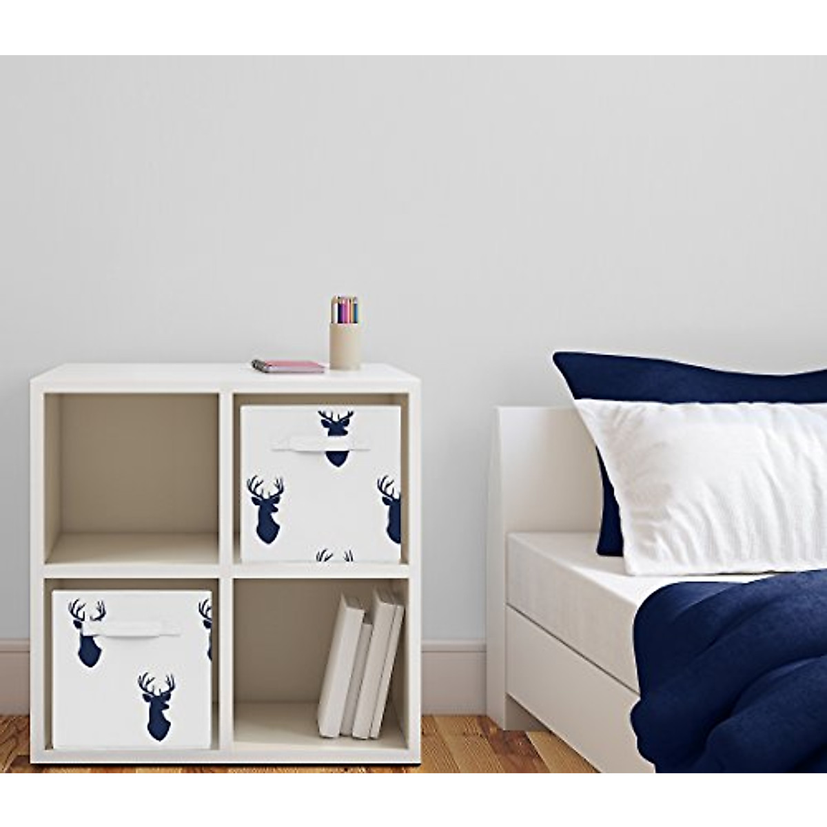Sweet Jojo Designs Navy Blue Deer Foldable Fabric Storage Cube Bins Boxes Organizer Toys Kids Baby Childrens for Woodland Deer Stag Collection Set of 2