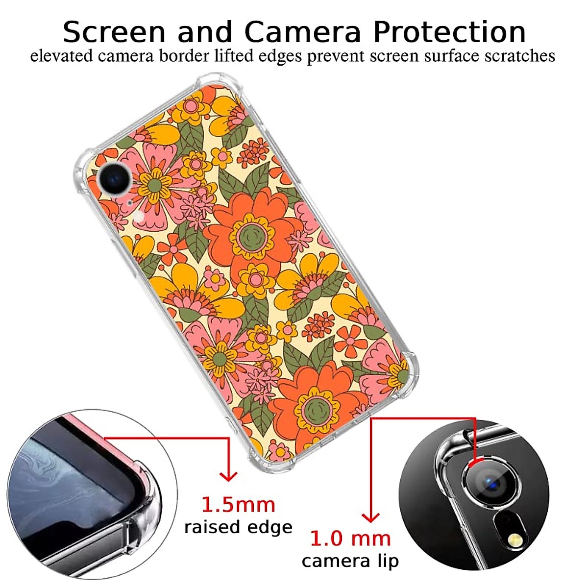 Veakgpligo Retro 70s Flowers Case Compatible with iphone XR, Hippie Vintage Orange Yellow Flowers Case for Girl Women Men,Unique Soft TPU Bumper Case Cover