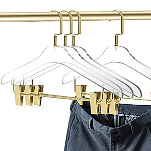 Quality Clear Acrylic Skirt Pant Hangers with Clips – 4 Pack, Stylish Clothes Hanger with Gold Hooks - Coat Hanger for Dress, Suit - Closet Organizer Adult Hangers - Cloth Hangers (Gold Hook, 4)