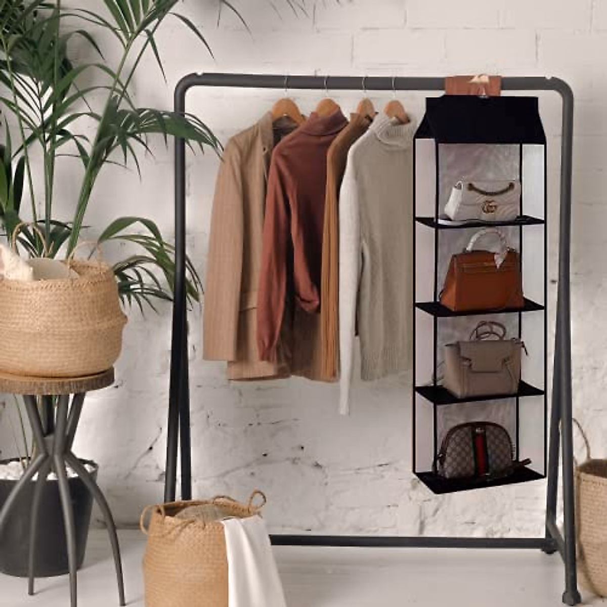 Hanging Handbag Purse Closet Organizer,4 Layers Shelves,Wardrobe Closet Space Saving Organizers System, Storage Bag Purse,Dust Proof Hanging Saving Purse Organizers System (Black).