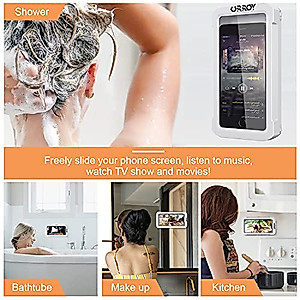 URROY 2021 Upgrade Shower Phone Holder [360° Rotation], Waterproof Wall Mount Shower Phone Case, HD High Sensitivity Cell Phone Universal Bathroom Mirror Shelf Storage Box for Bathtub, Kitchen (White)