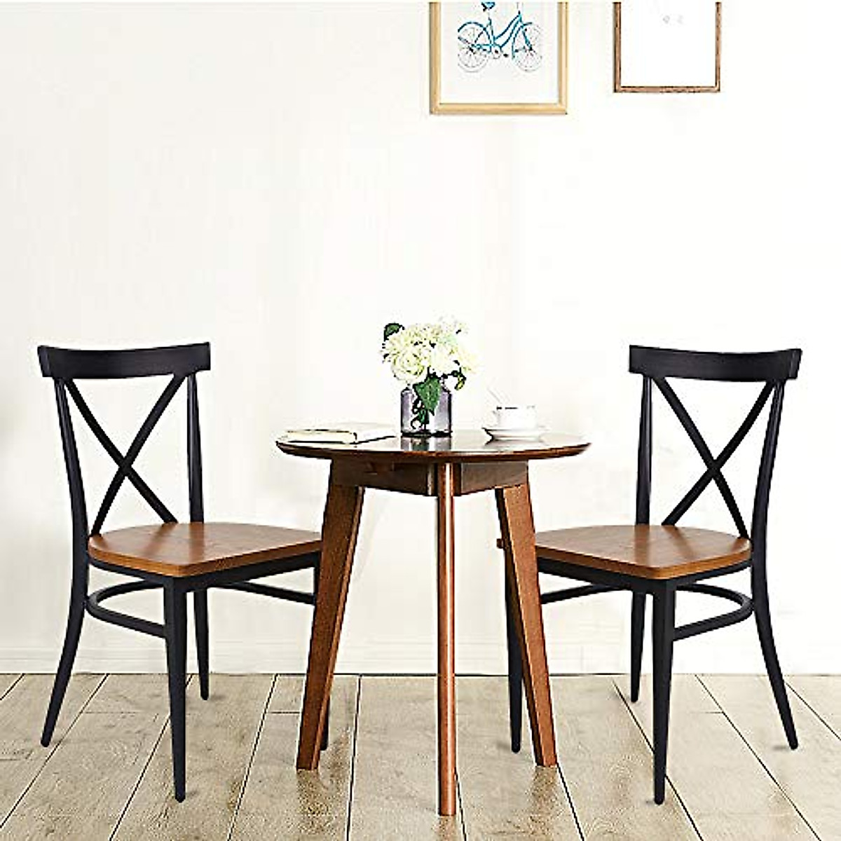 LUCKYERMORE Black Metal Dining Chairs Set of 2 Heavy Duty Kitchen Chairs Fully Assembled for Restaurant Solid Wood Seat X Back Cafe 450lbs Weight Capacity, Farmhouse Mid Century Morden Dining Chair